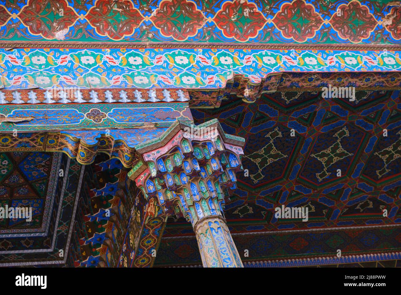 Detail of the wood column top, cap on the exterior facade of a richly ...