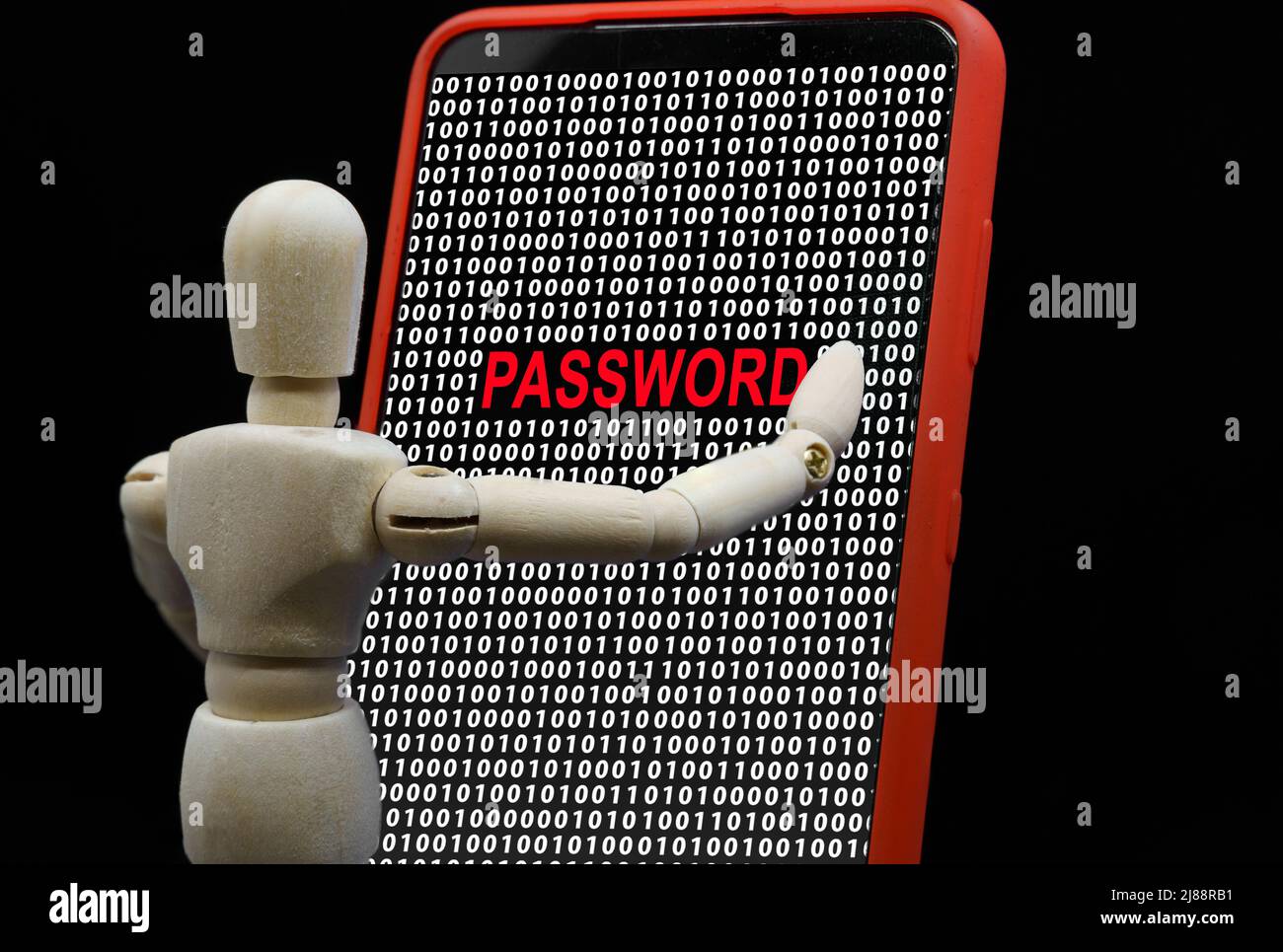 wooden mannequin touching a smartphone with the word Password on screen ...
