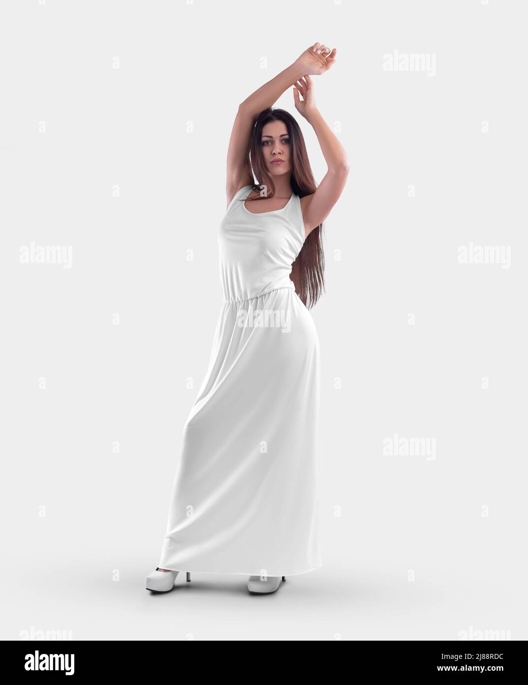 Mockup of a white long dress with an elasticated waist, on a posing ...