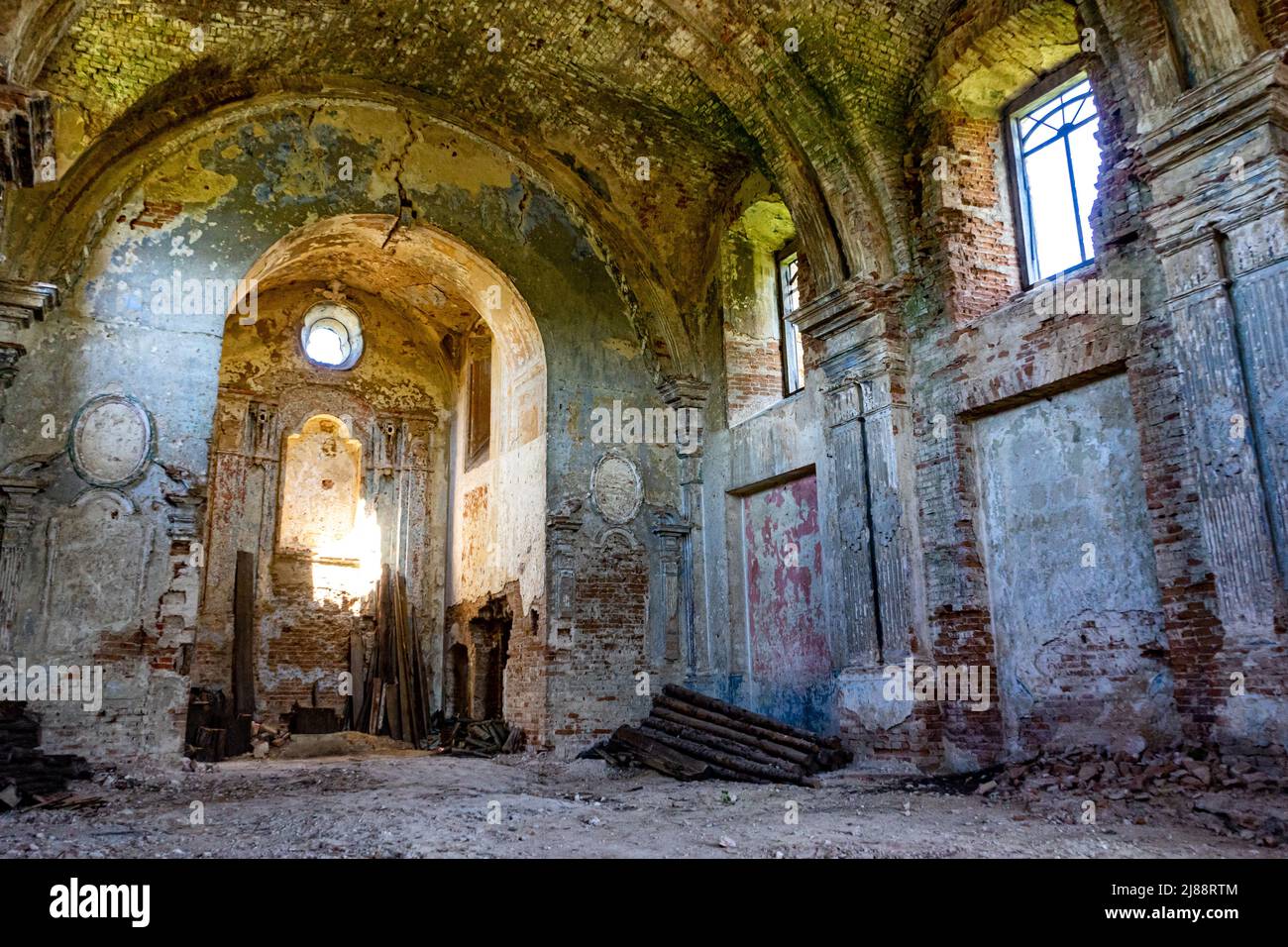Interior of the ancient destroyed temple. Abandoned building of an ...