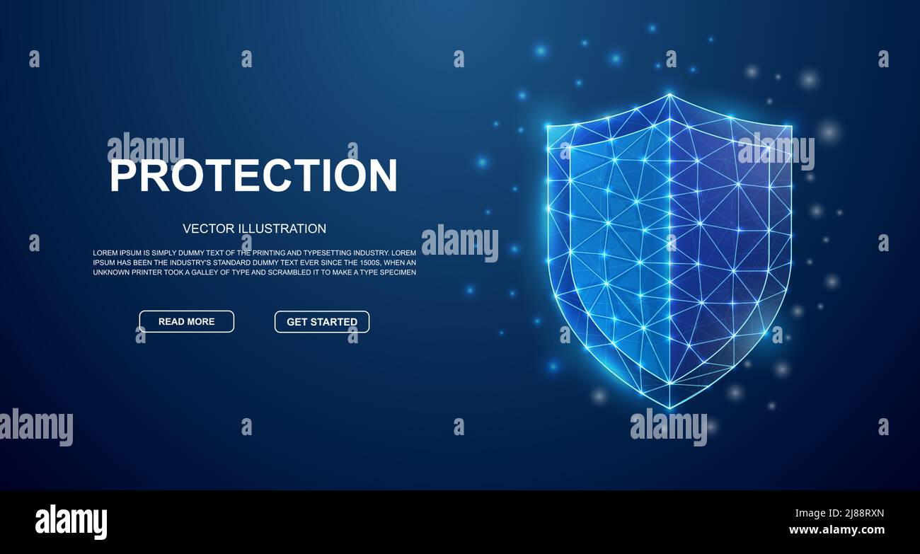 Shield 3d low poly symbol with connected dots for blue landing page. Antivirus design ...