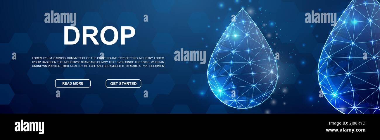 Water drop polygonal horizontal banner. Droplet low poly symbol for ...