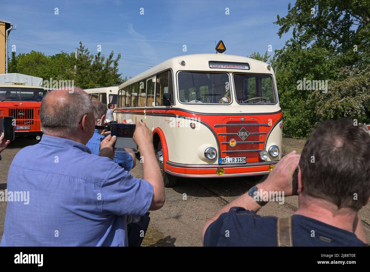 Merseburg, Germany. 14th May, 2022. The exhibited IFA buses were ...