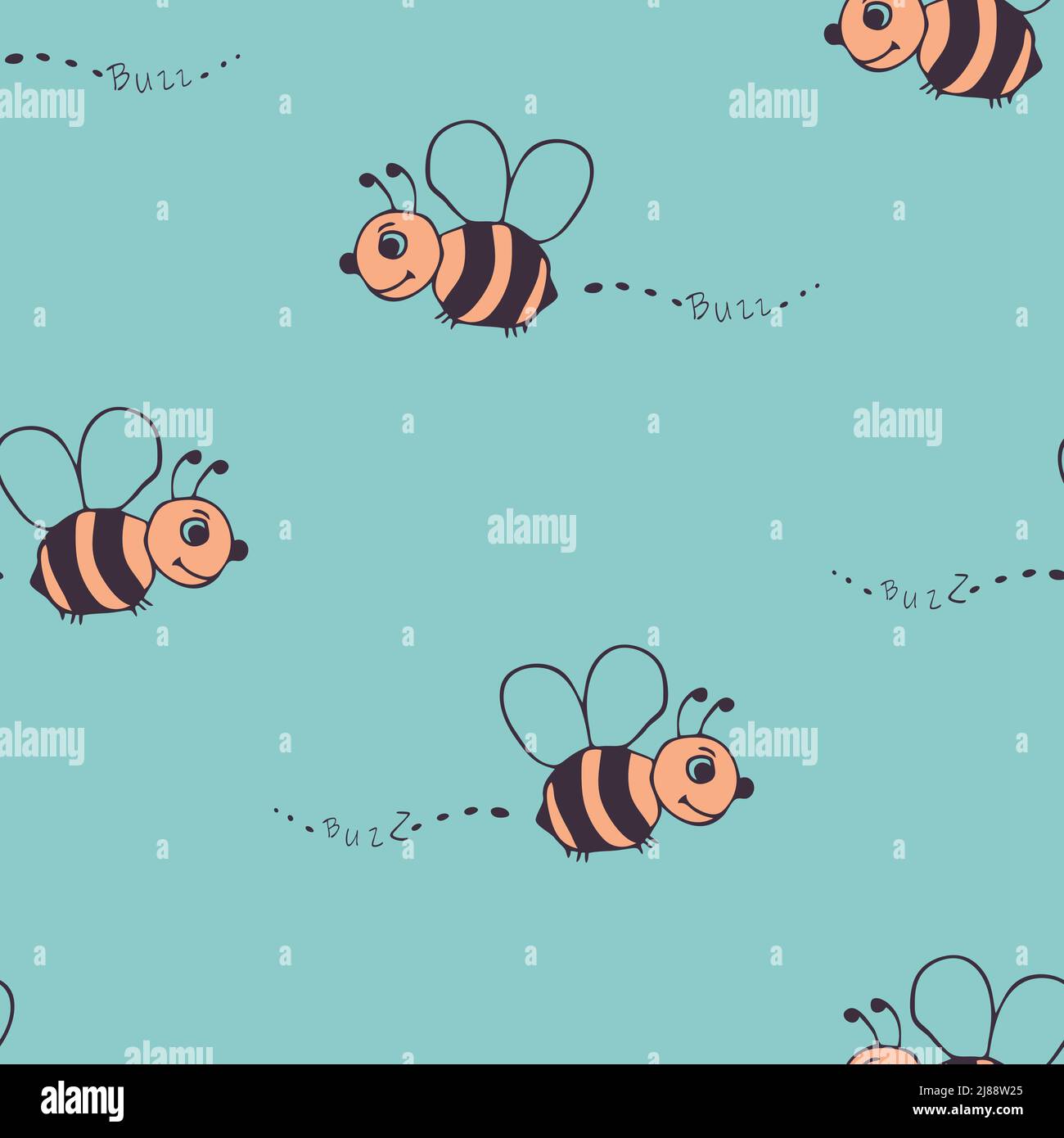 Seamless vector pattern with happy bees on light blue background ...
