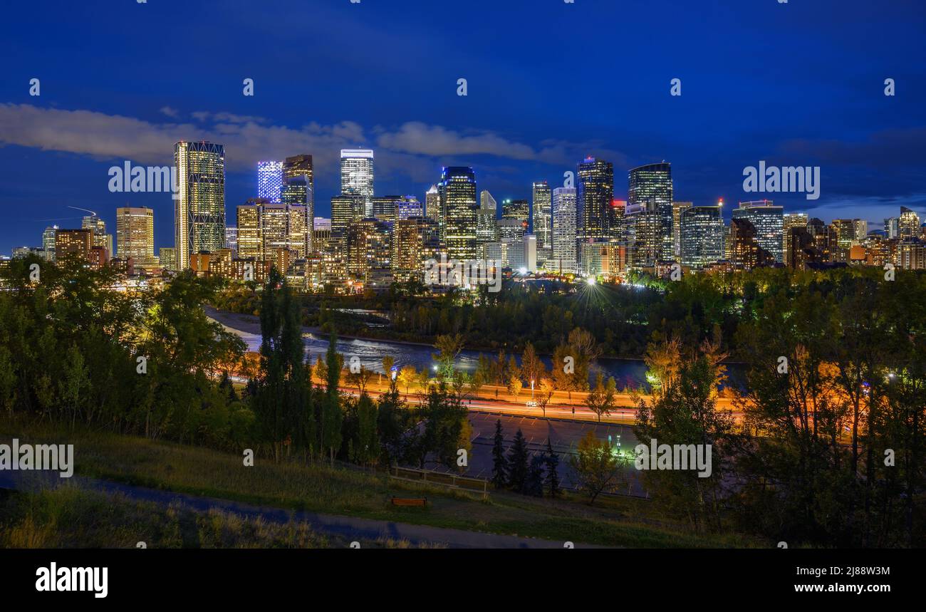 Skyline of Calgary with Bow River in Canada at night Stock Photo - Alamy