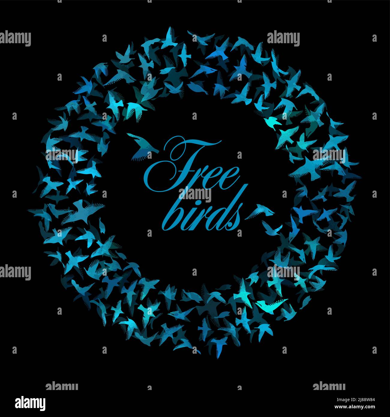 Round frame of flying blue birds. Vector illustration . Vector ...