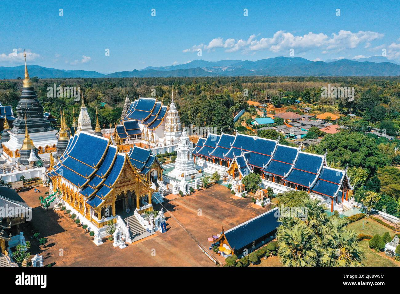 Aerial view of Wat Ban Den or Wat Banden complex temple in Mae Taeng ...