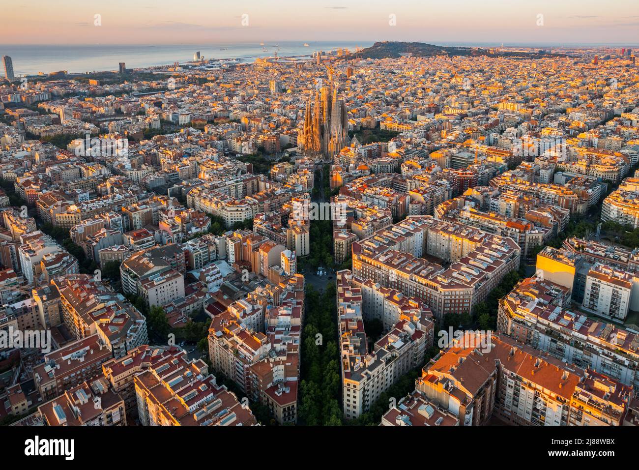 Aerial view of Barcelona Eixample residential district and Sagrada ...