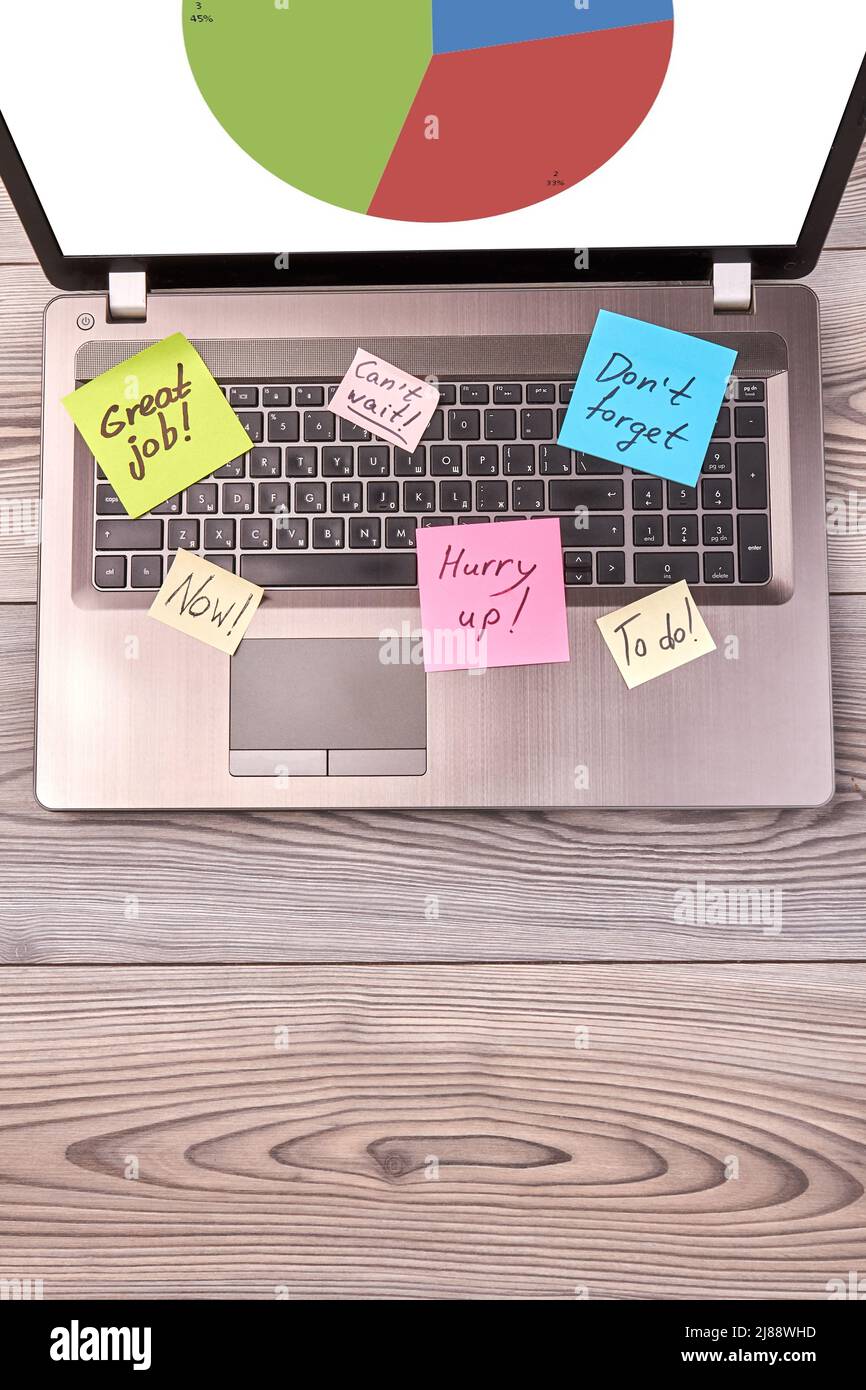 Laptop device with chart statistic diagram and sticky notes. Vertical ...