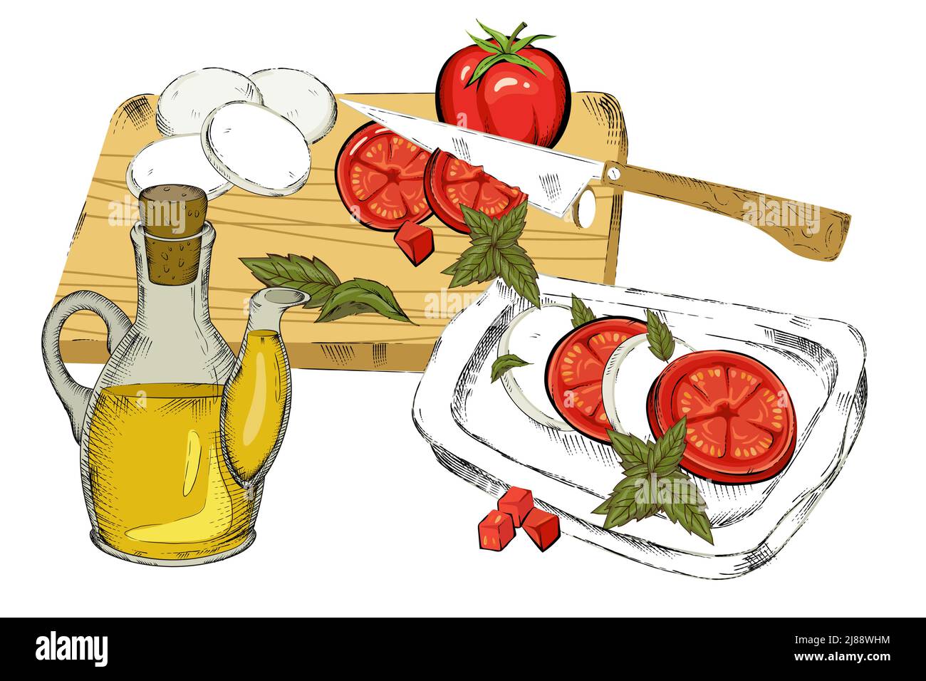 Italian caprese salad ingredients, sketch vector illustration isolated ...