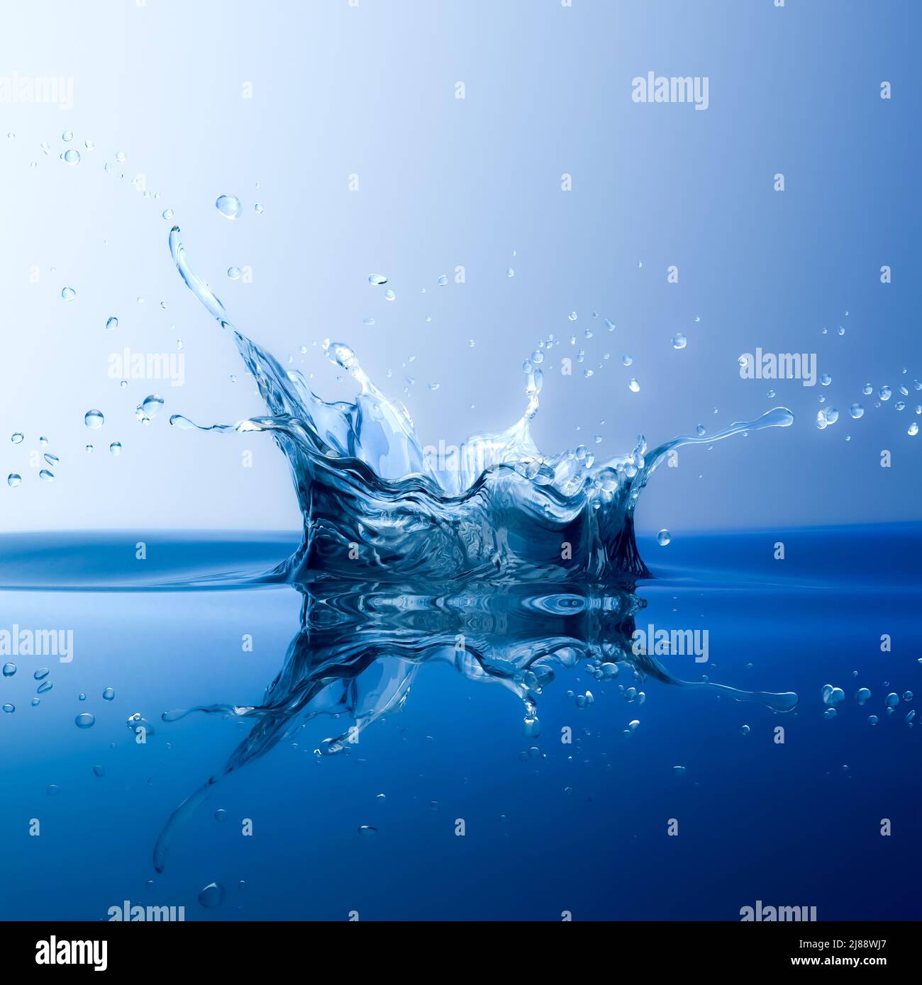 3D Rendering of a Clear Blue Splash Water with Droplets on Gradient ...