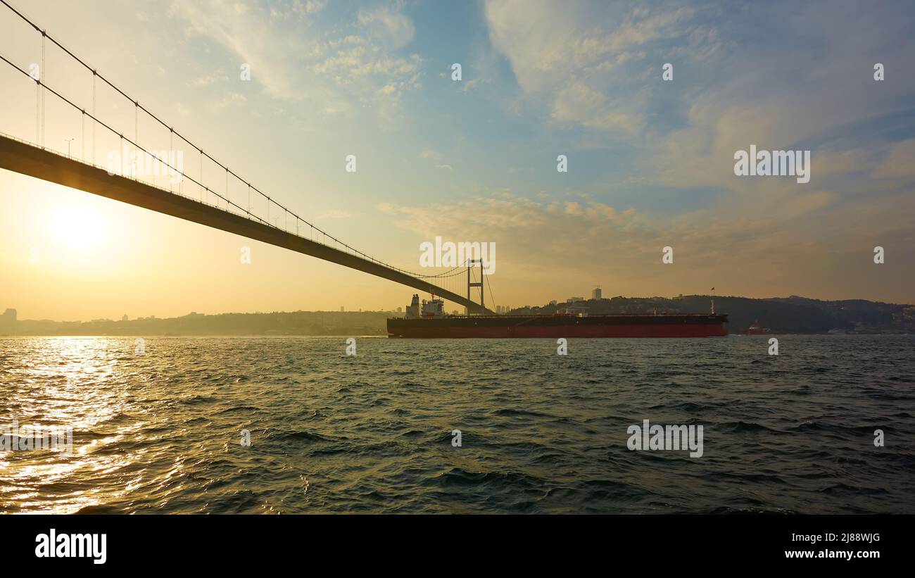 Turkey, Istanbul, Bosphorus Channel, Bosphorus Bridge, an cargo ship ...