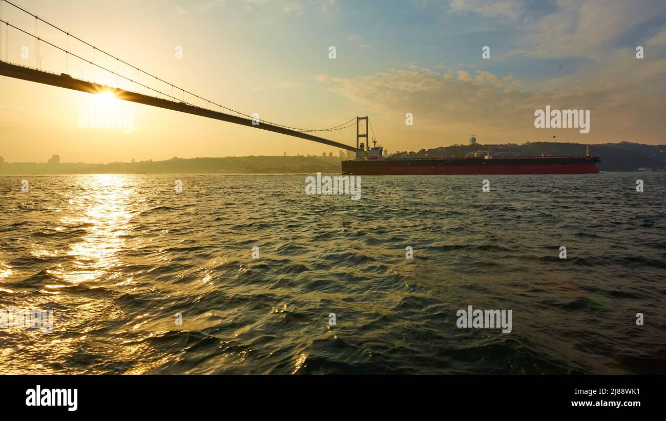 Turkey, Istanbul, Bosphorus Channel, Bosphorus Bridge, an cargo ship ...