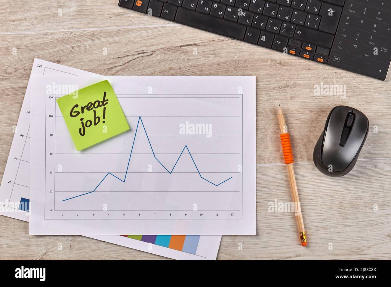 Paper with statistic diagram with pencil and pen. White desk background ...