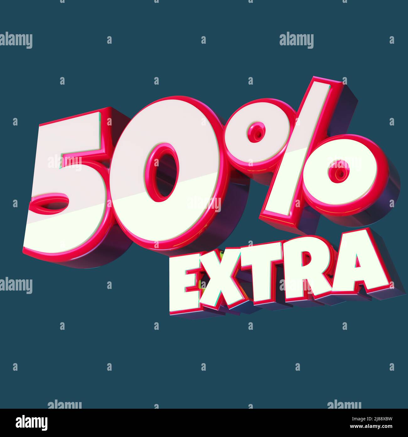 3D 50% extra. Creative glowing 3D 50% extra text with white and red ...