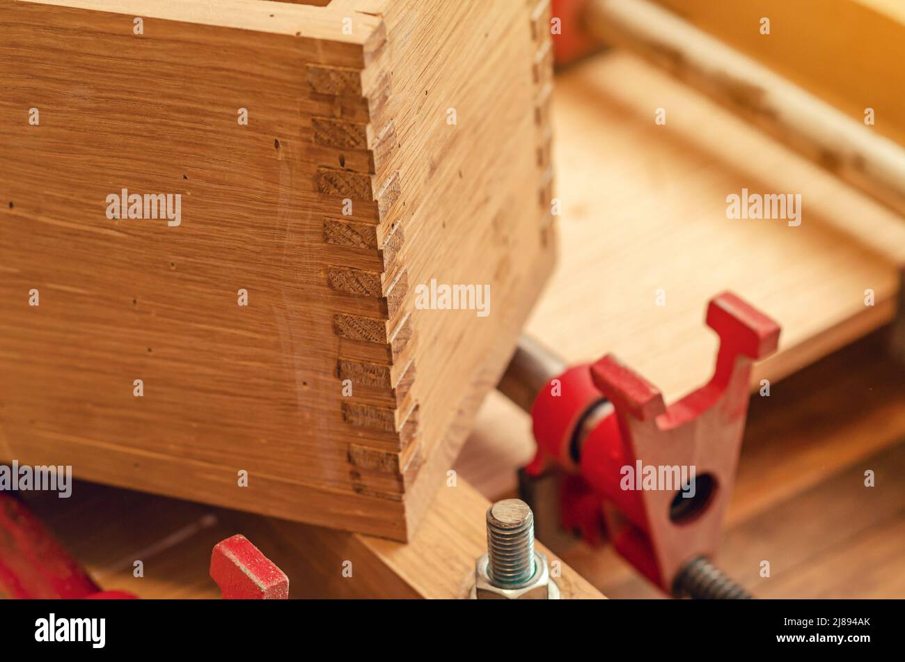 Wooden box, corner connection of boards in carpentry production Stock ...