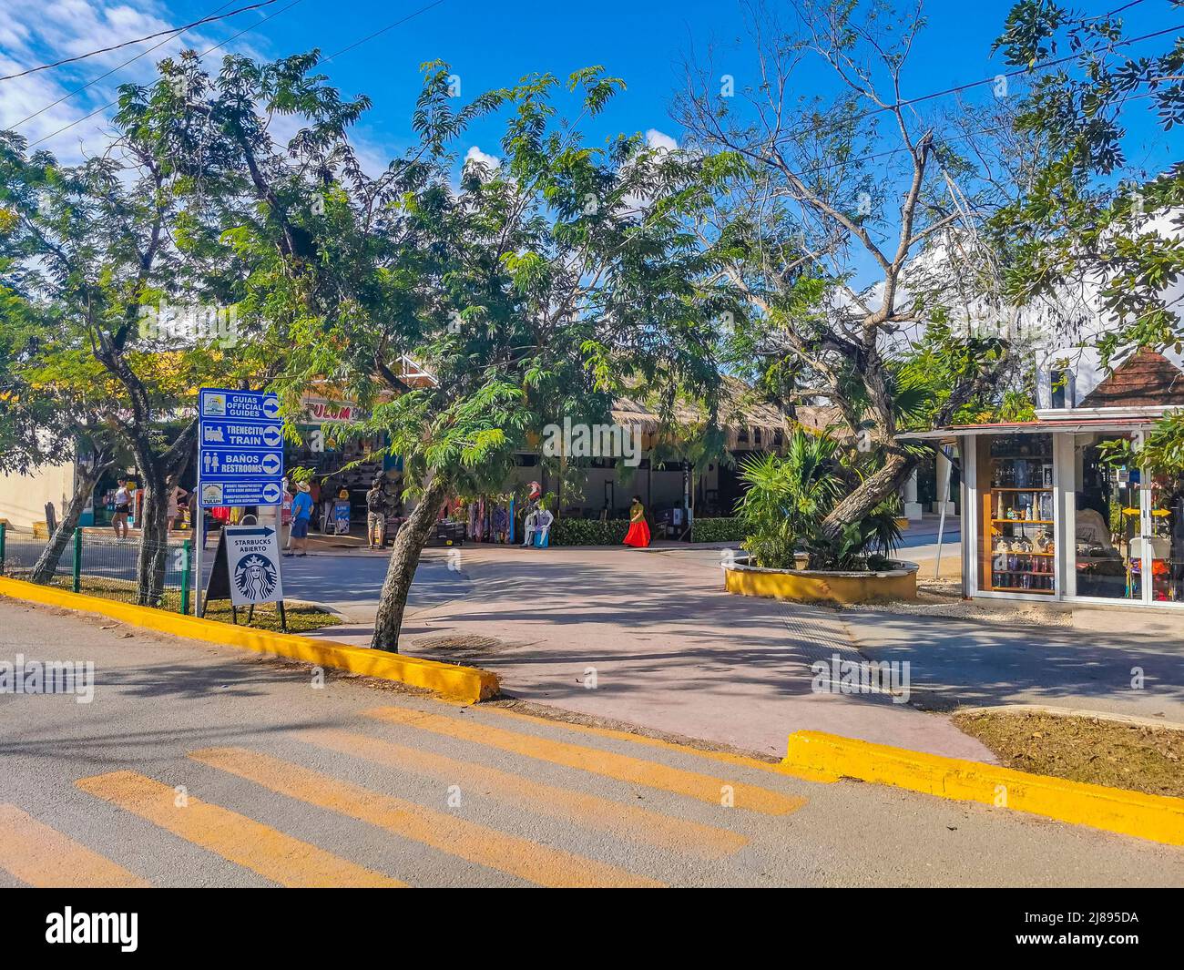 Tulum Mexico 16. March 2022 Driving thru typical colorful street road ...