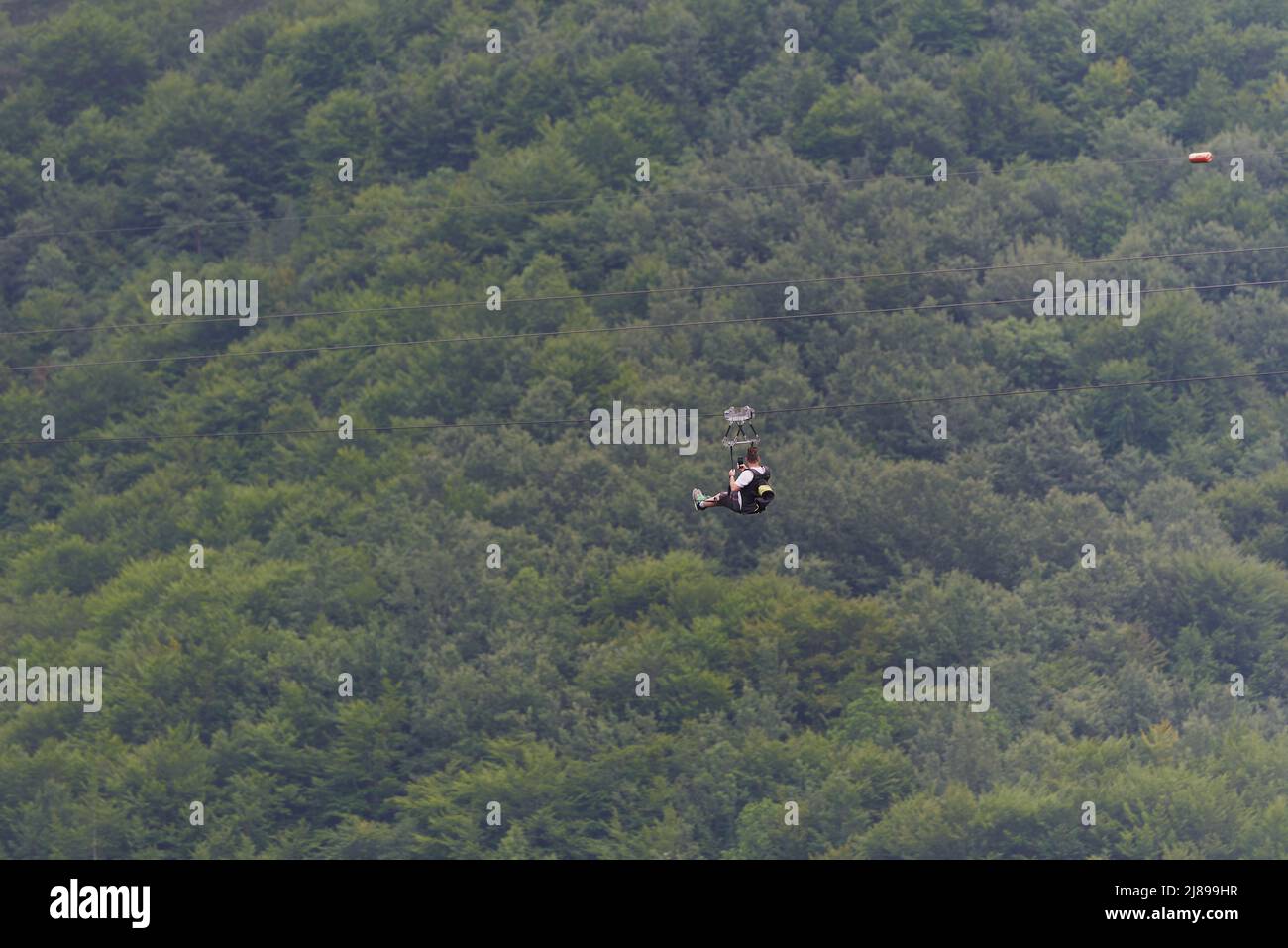 Tourists riding a zip line over the forest Stock Photo - Alamy
