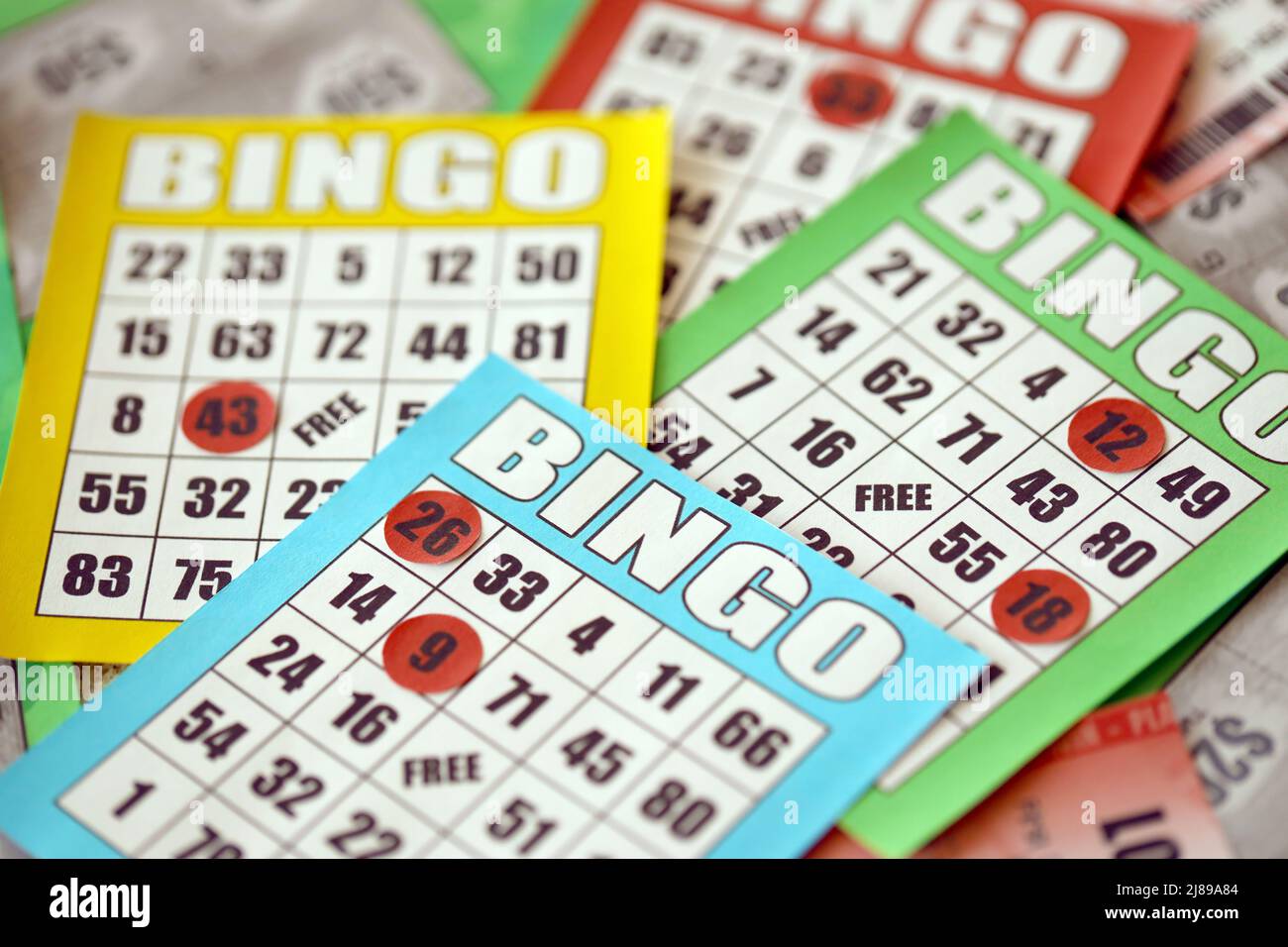 Many colorful bingo boards or playing cards for winning chips. Classic ...
