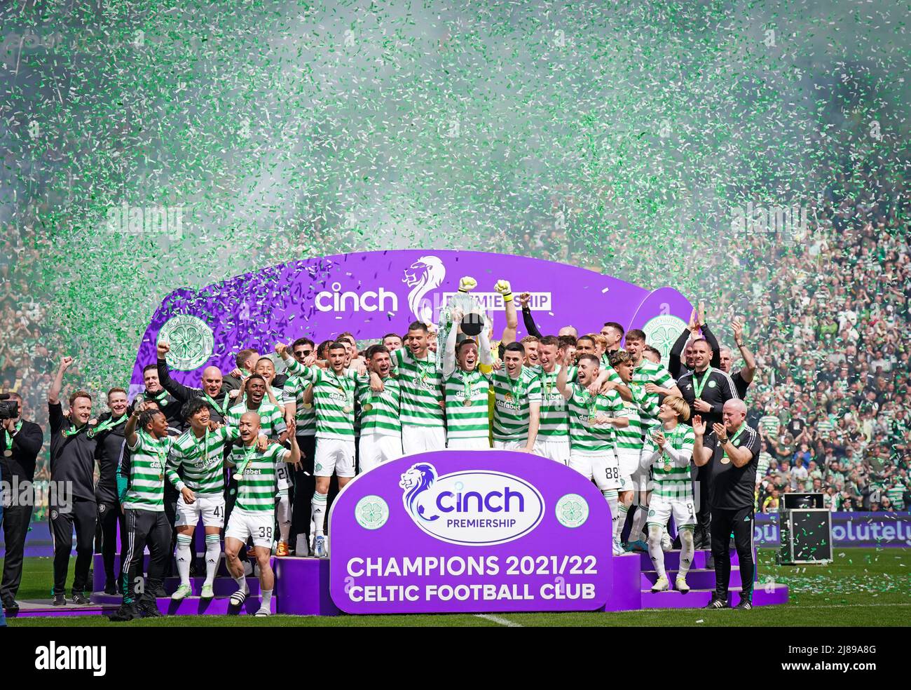 Celtic celebrate with the league trophy after the cinch Premiership ...