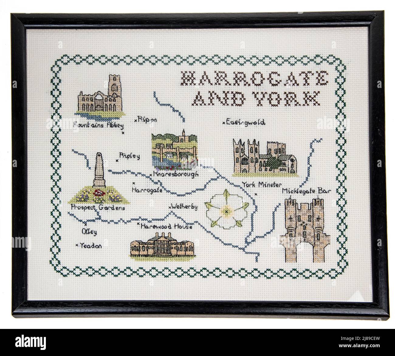 Cros stitch needlepoint map of Harrogate and York Stock Photo - Alamy