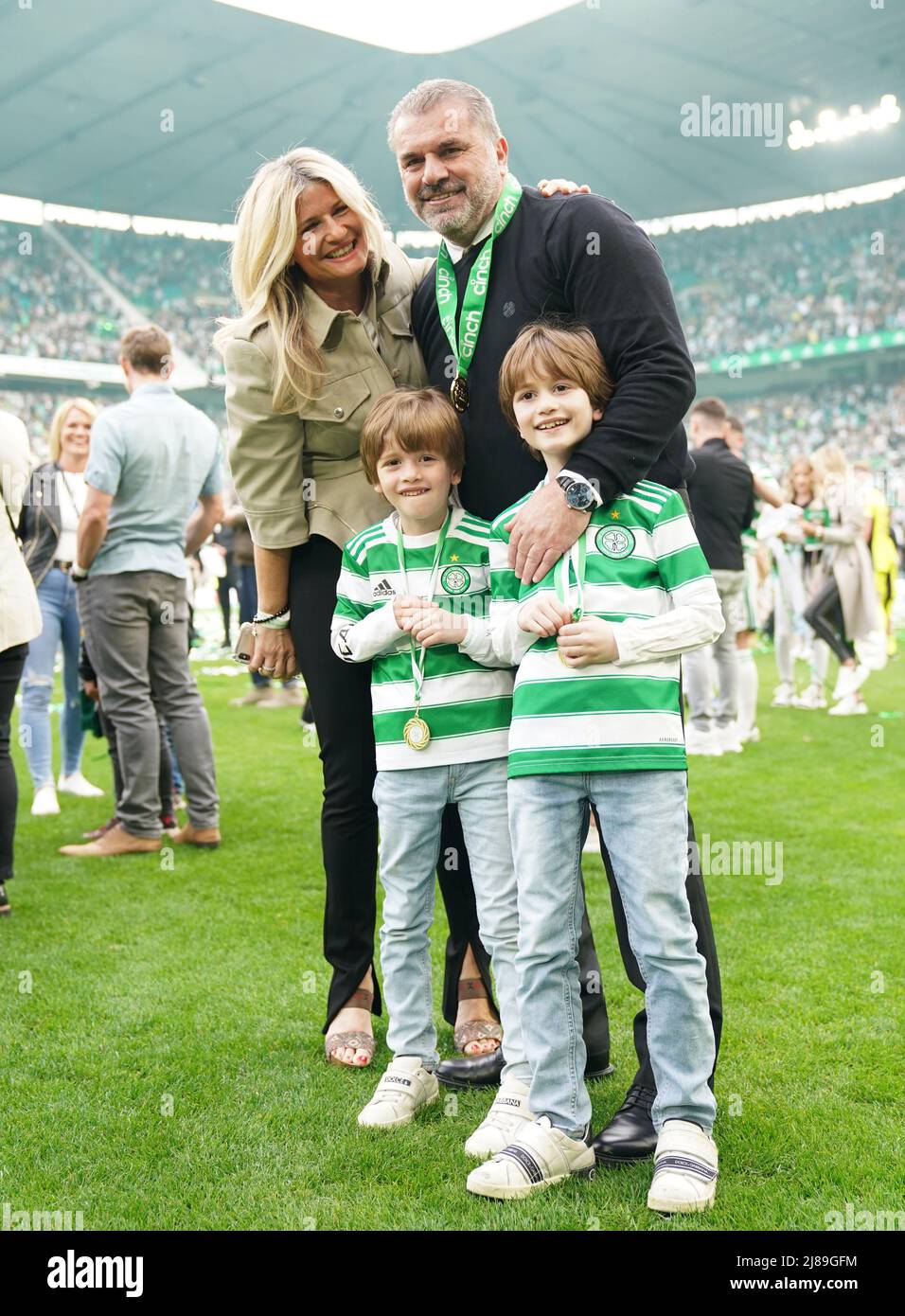 Celtic manager Ange Postecoglou with wife Georgia and sons Max and ...