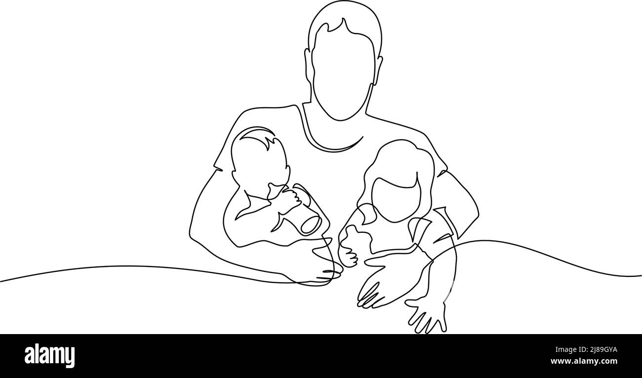 Continuous one line drawing vector illustration. Father with two kids ...