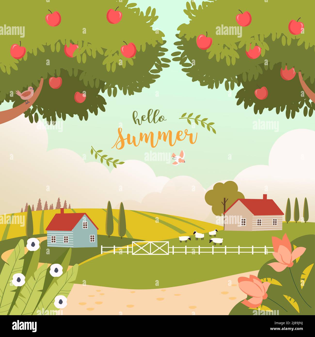 Field trees sky summer Stock Vector Images - Alamy