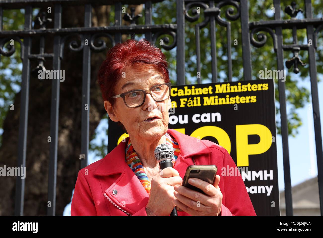 Ailbhe Smyth speaking during a protest outside Leinster House in Dublin ...