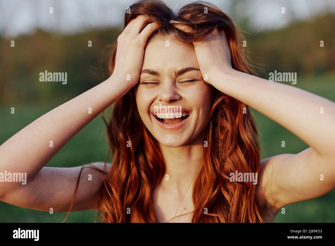 Woman Smiling Beautiful With Red Hair Close Up Portrait Looking At