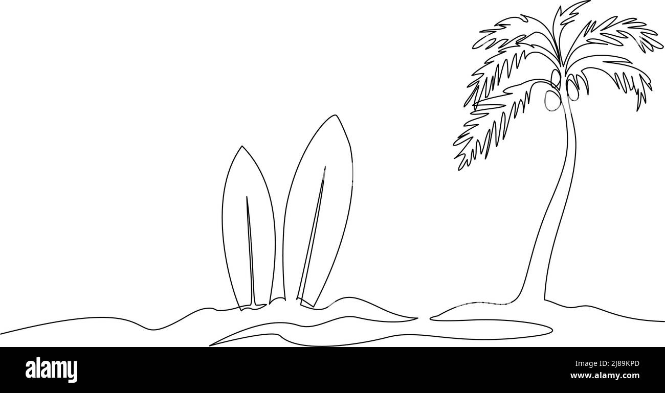 One continuous line drawing. Long surfboard standing up in sand of ...