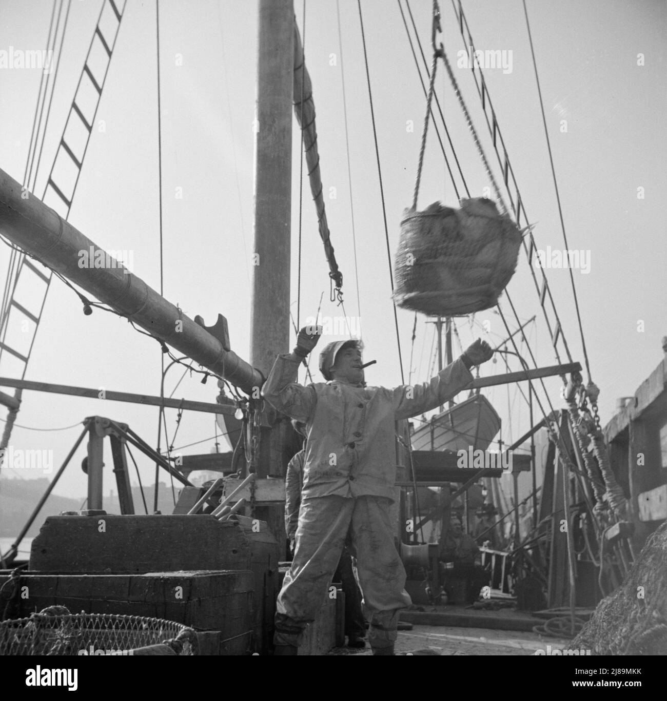 New York, New York. Dock stevedores at the Fulton fish market sending ...