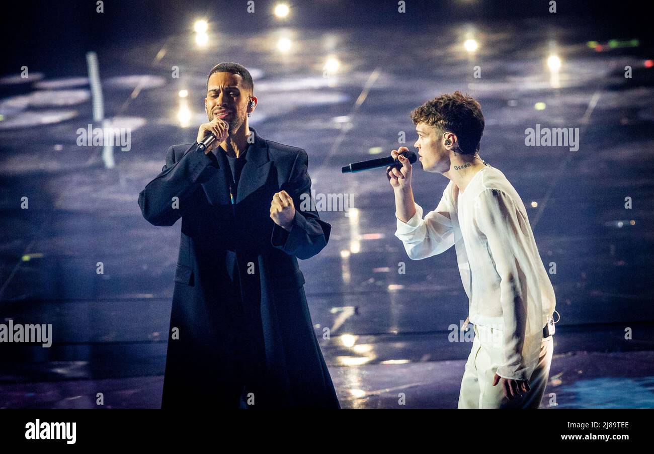 Turin, Italy. 14th May, 2022. Mahmood and Blanco from Italy with the ...