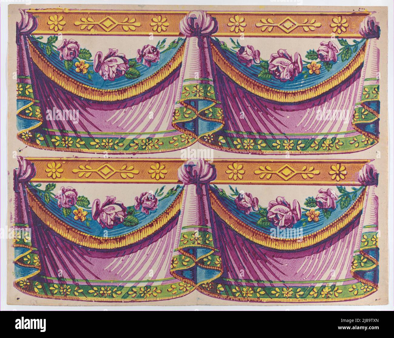 Sheet with two borders with purple drapery and floral designs, late ...