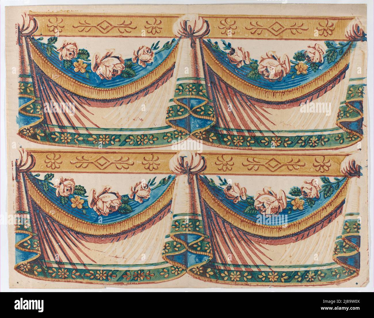 Sheet with two borders with drapery and floral designs, late 18th-mid ...