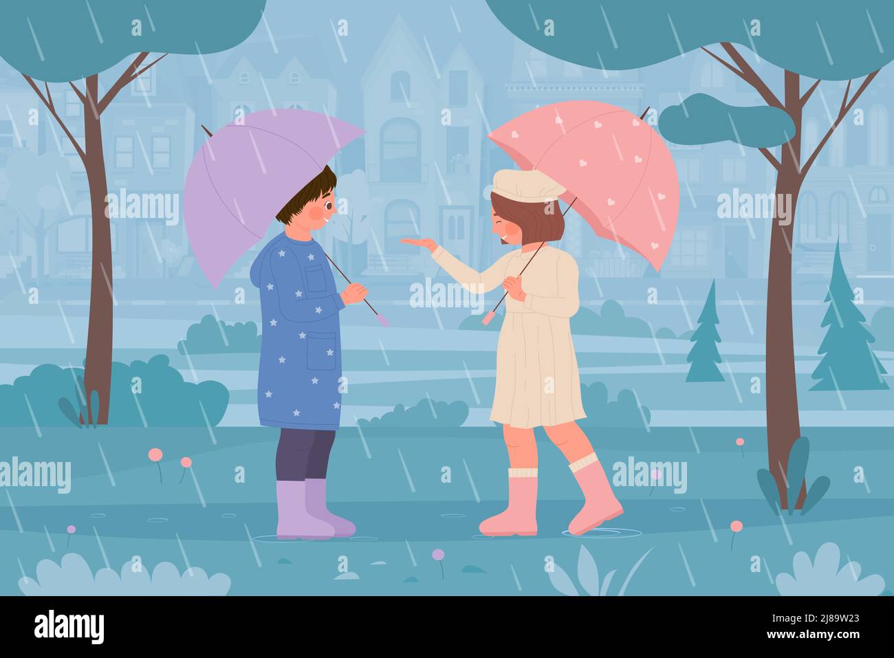 Cute kids enjoy rain in city park vector illustration. Cartoon happy boy and girl wearing rubber ...