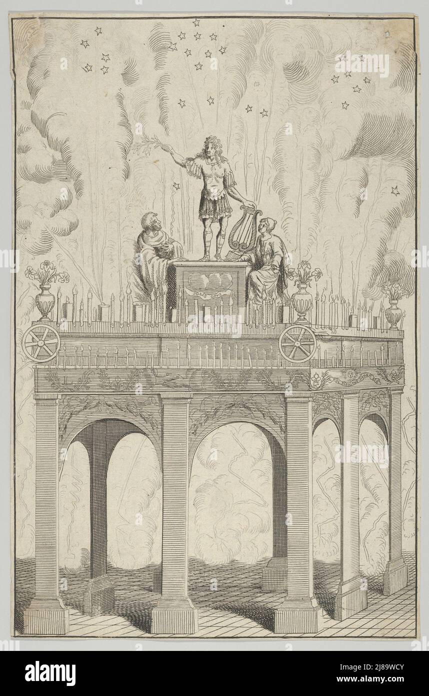 Triumphal arch with sculpture of Louis XIV as Apollo and fireworks in ...