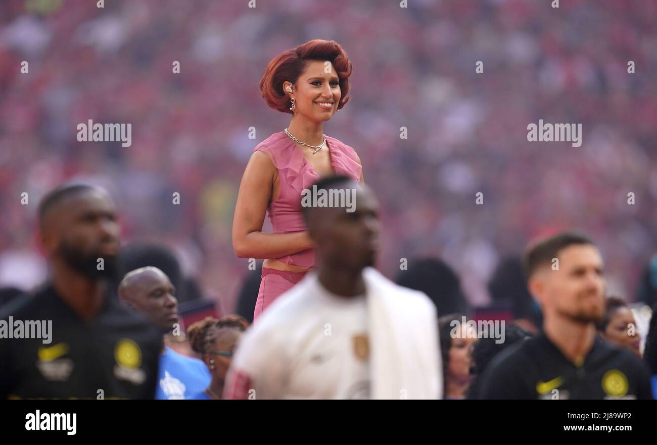 National anthem singer Raye prior to the Emirates FA Cup final at ...