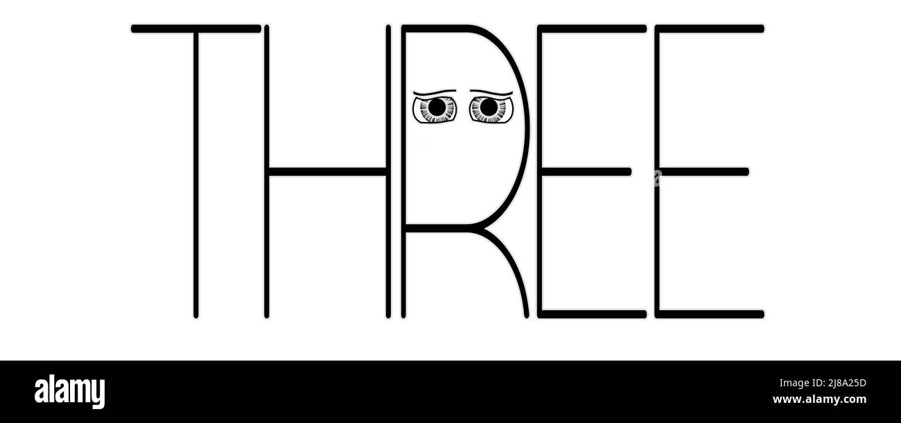 Black numeral word THREE on white with a pair of cartoon eyes Stock ...