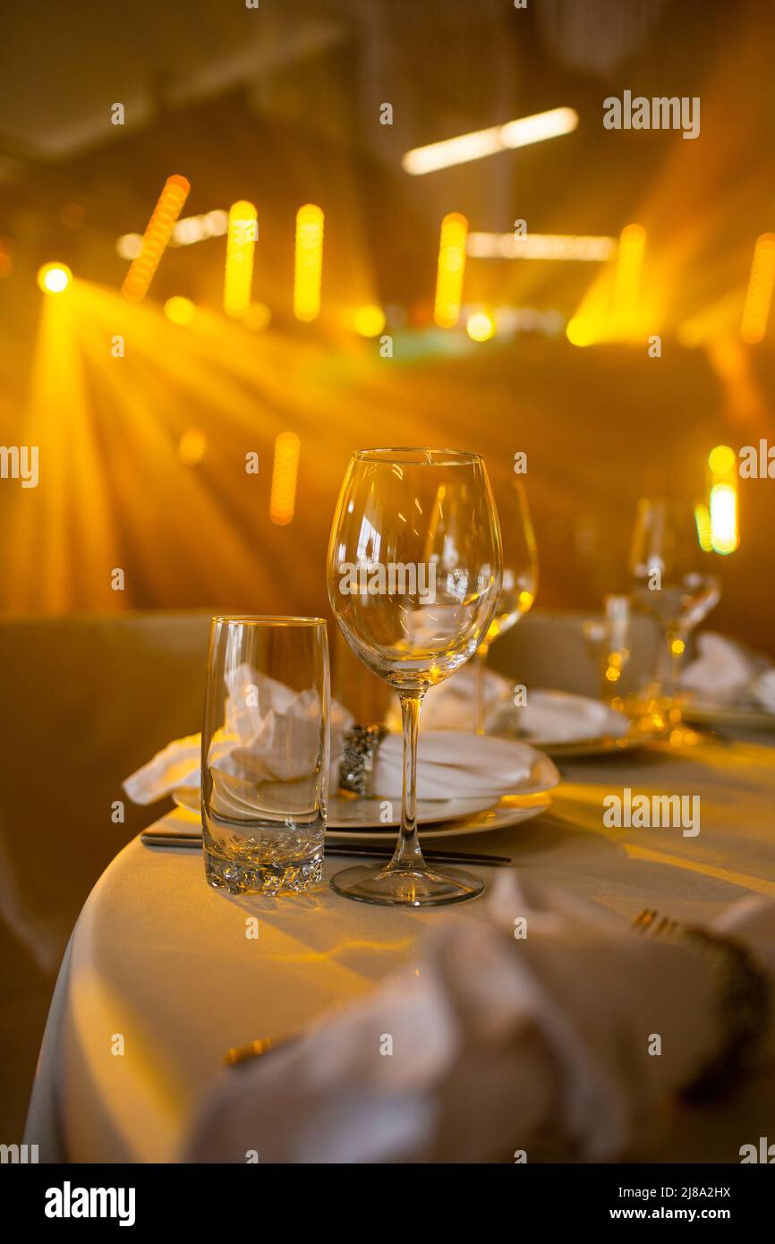 Empty glass set in restaurant. wedding, decor, celebration, holiday ...