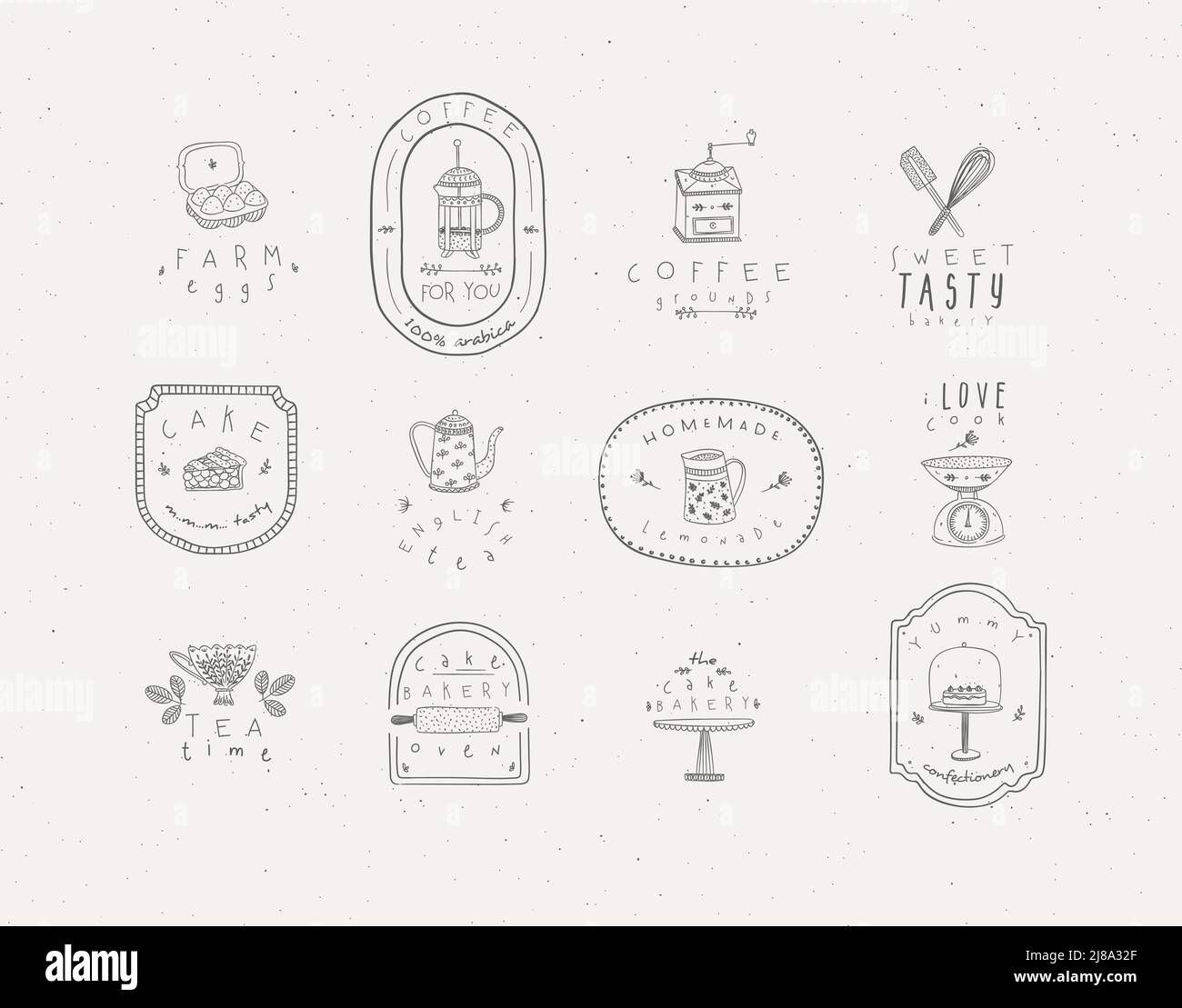 Set of kitchen labels with lettering drawing in handmade graphic ...