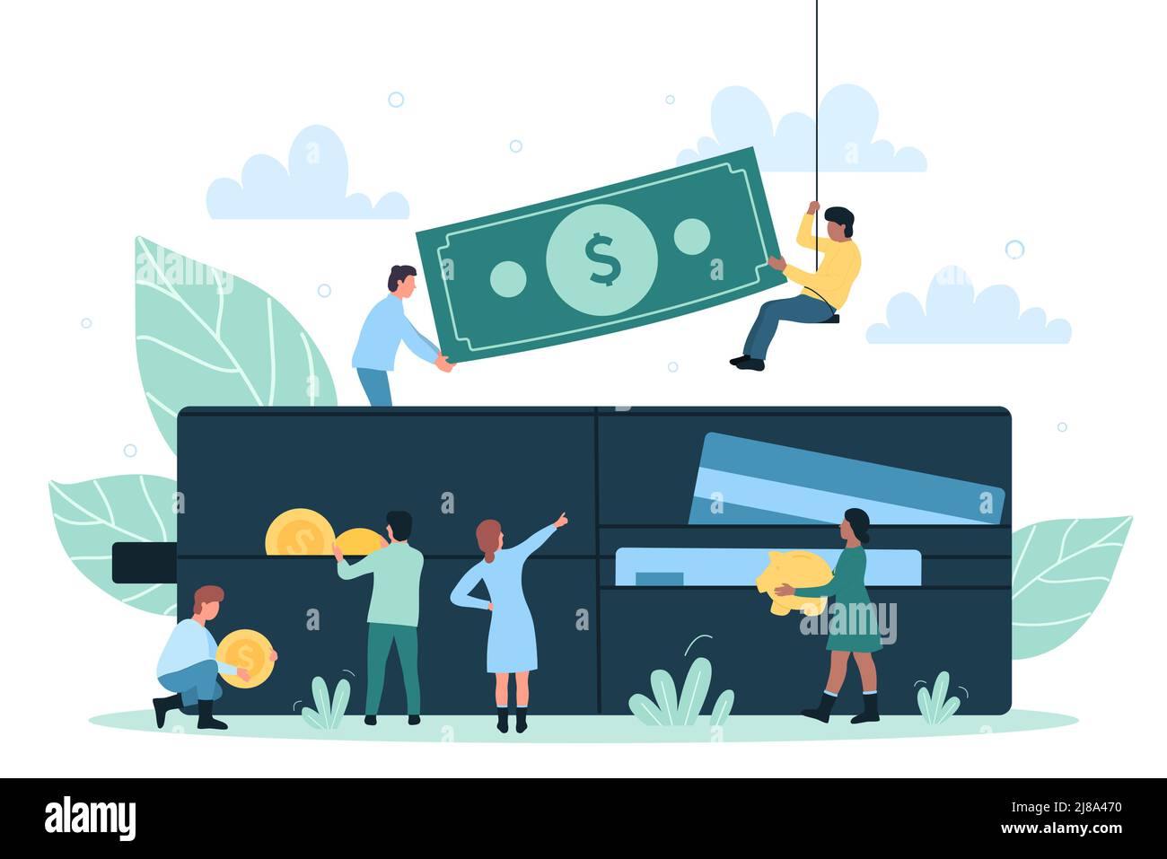 Bank account and payment financial system. Cartoon tiny people put ...