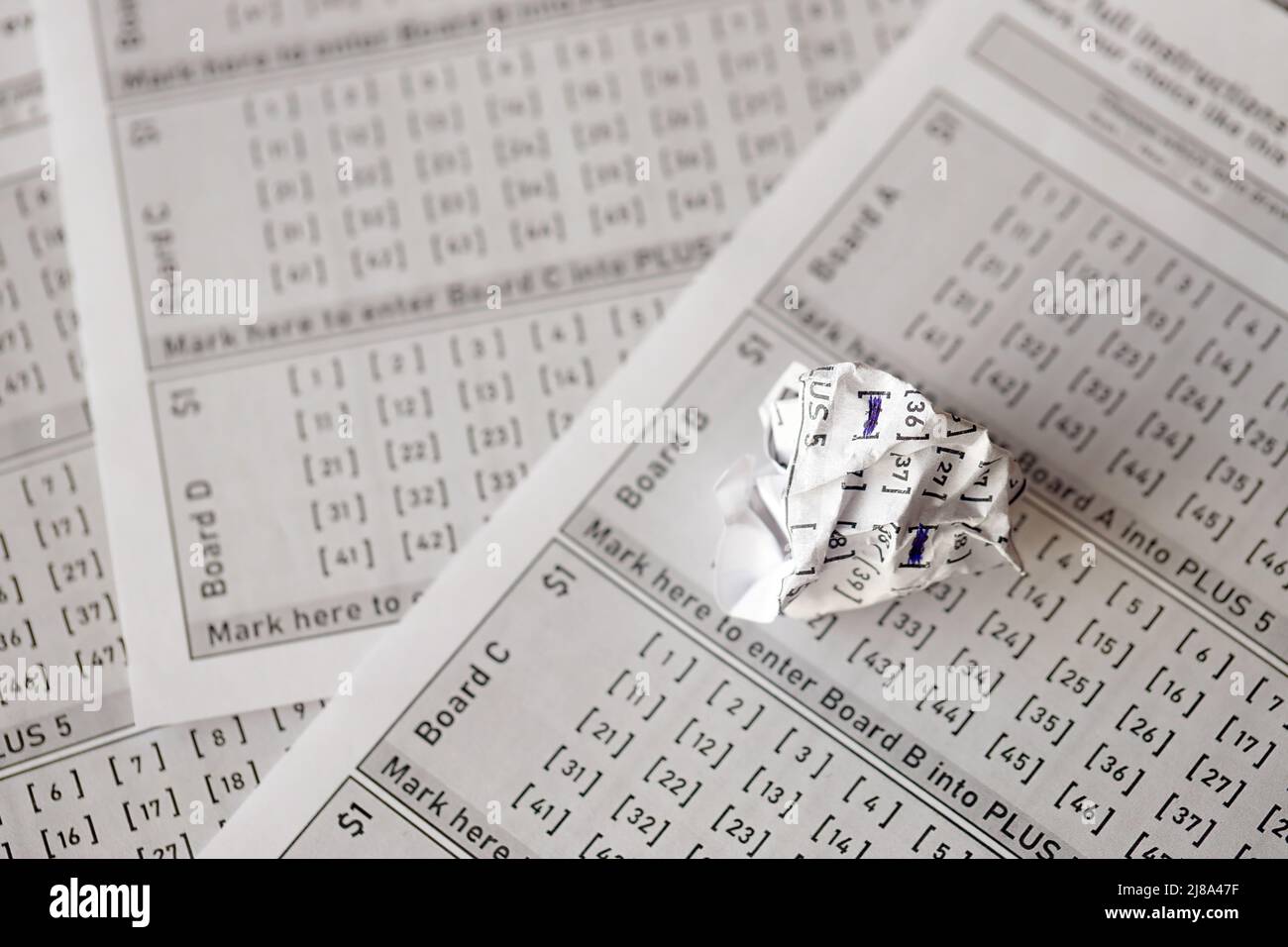 Crumpled lottery tickets as symbol of losing the lottery game. Unlucky ...