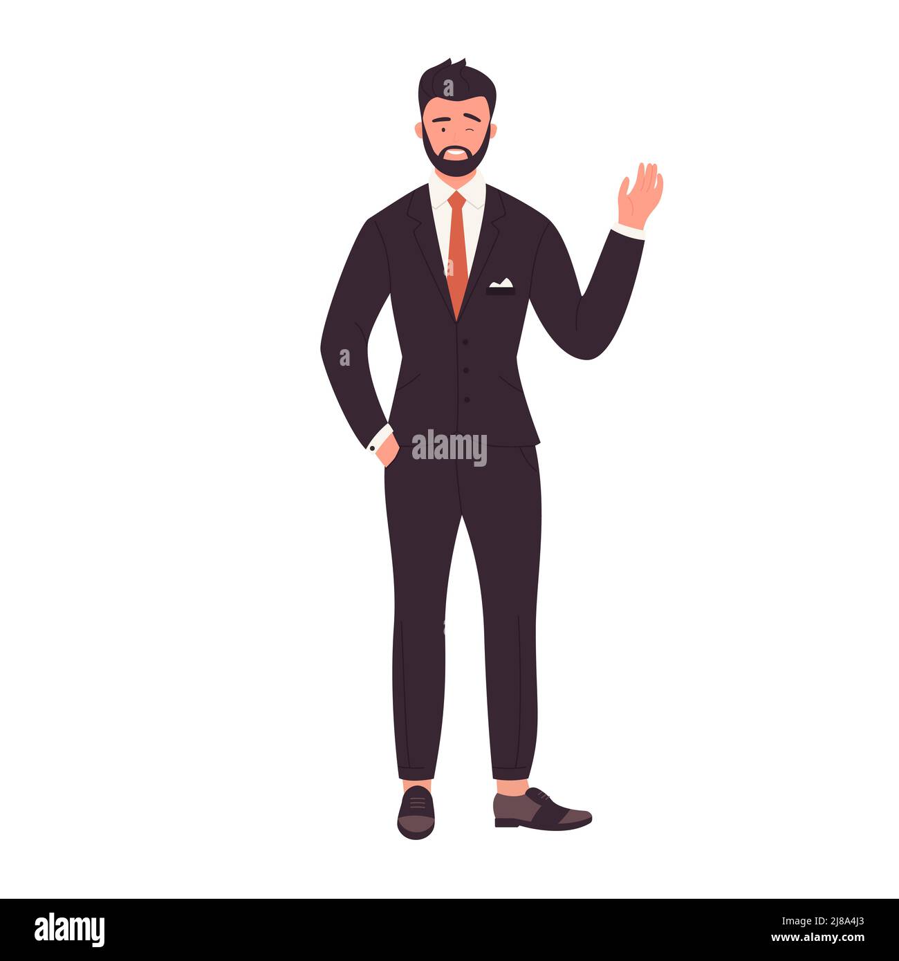 Standing businessman waving hello. Office worker in suit greeting ... Standing businessman waving hello. Office worker in suit greeting ...