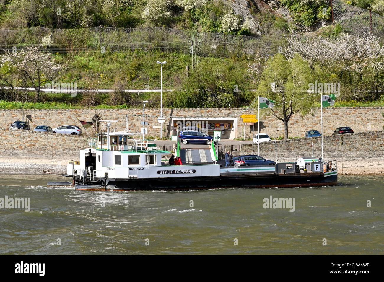 Boppard, Germany - April 2022: Small car ferry being loaded in Boppard ...
