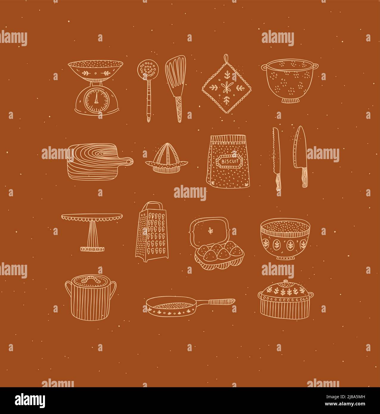 Set of kitchen tools and cooking icons drawing in handmade graphic ...