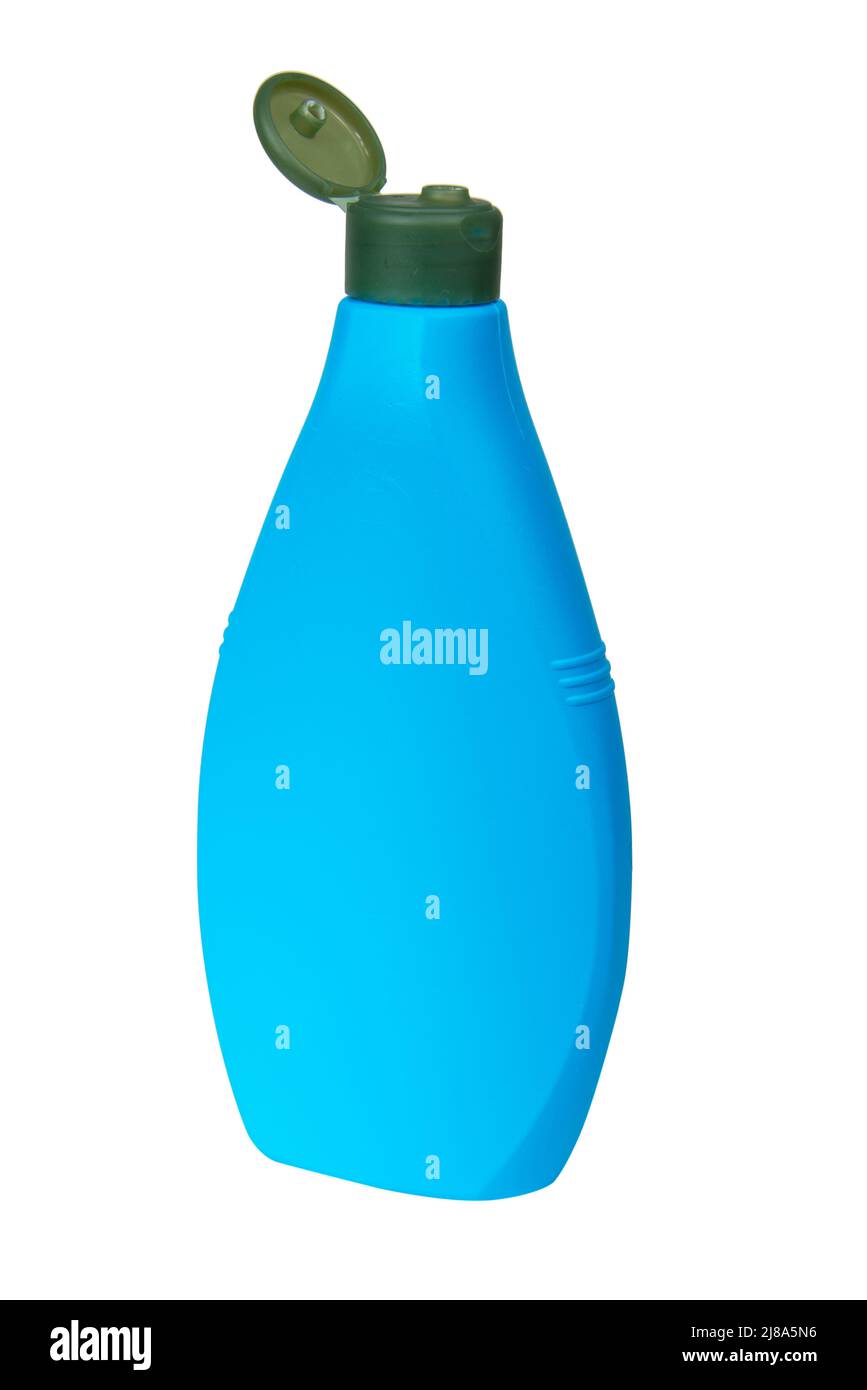 Blue bottle shampoo or lotion package plastic container isolated on the ...