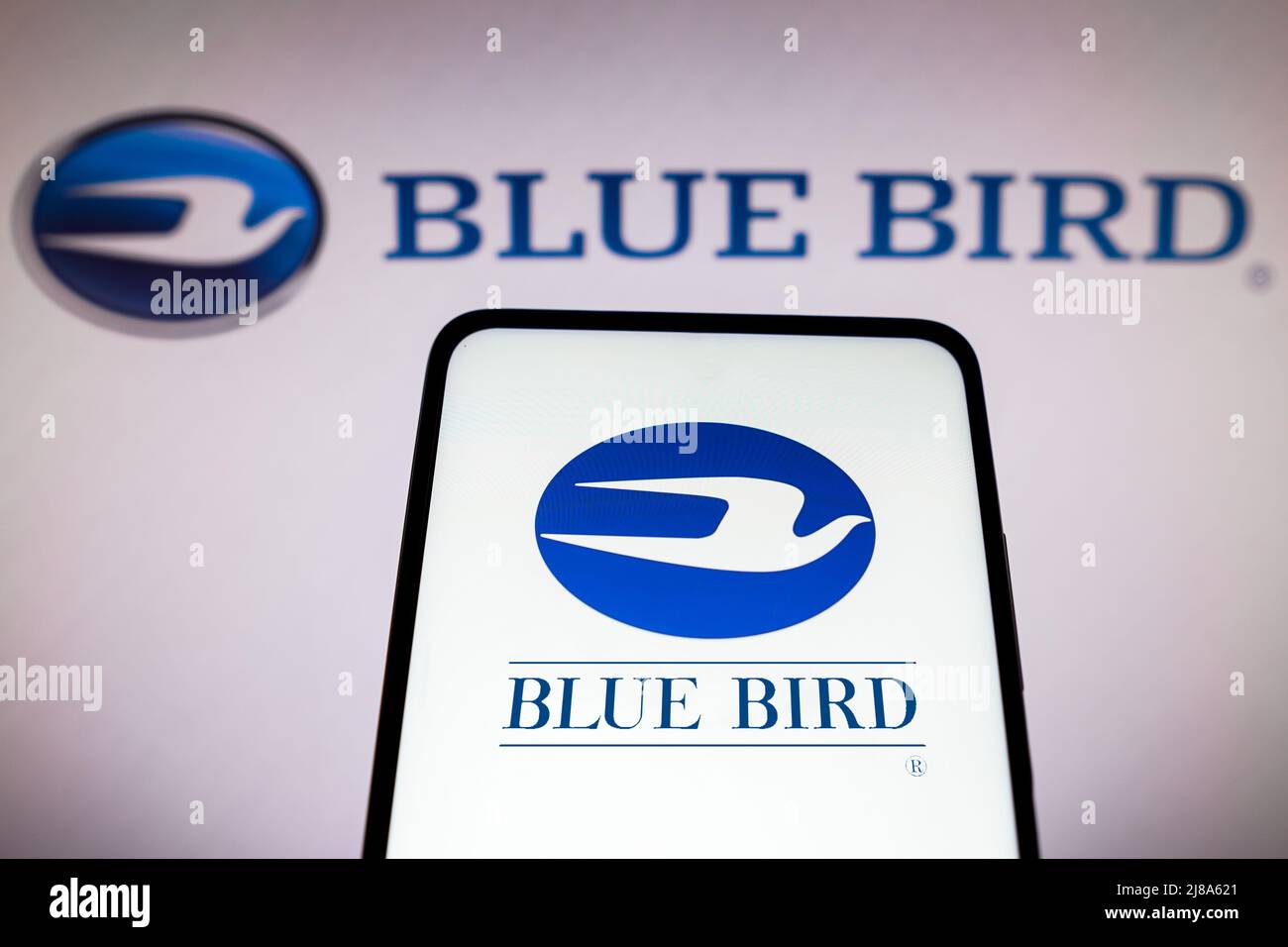 In this photo illustration the Blue Bird Corporation logo seen ...