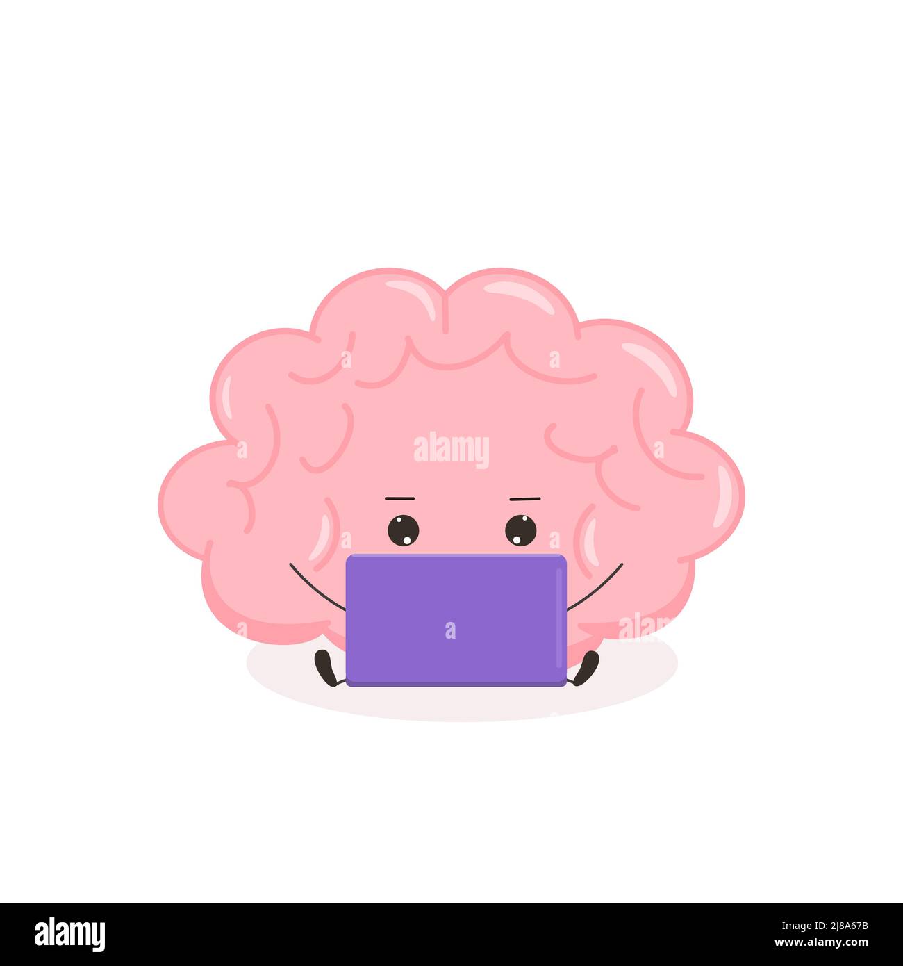 Cute kawaii brain. Funny human brain character works with computer ...