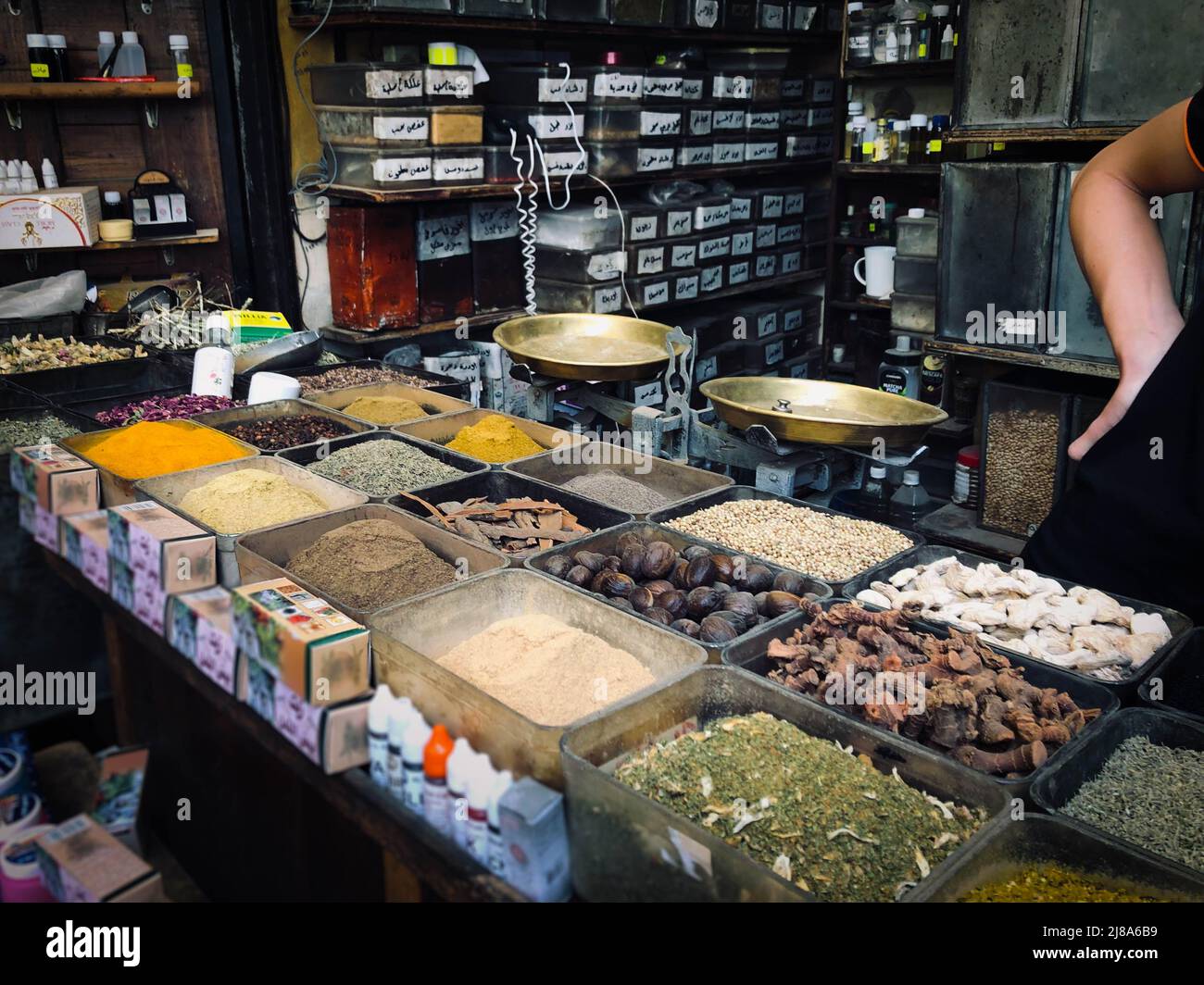 Herbal and spice market stall at street market or basar (Suq Al ...